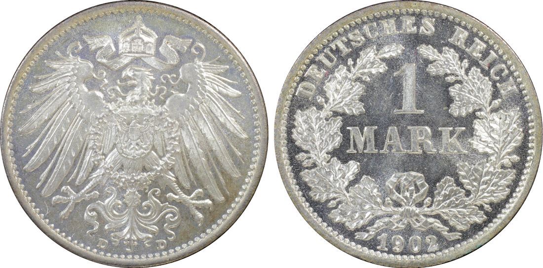 Deutsches Reich 1 RM 1902-D German Empire Stgl., EA, PCGS MS66 | MA-Shops
