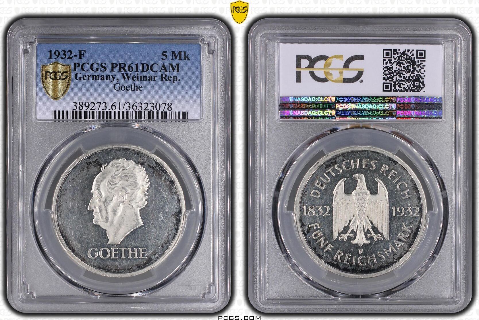 Weimar Rep. 5 Mark 1932-F 100. Todestag von Goethe PP-, PCGS PR61DCAM ...