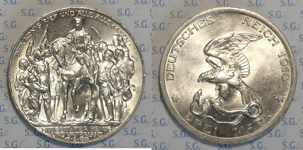 Kaiserreich, Preußen 3 RM 1913-A Kaiser Wilhelm II, DER KÖNIG RIEF ...