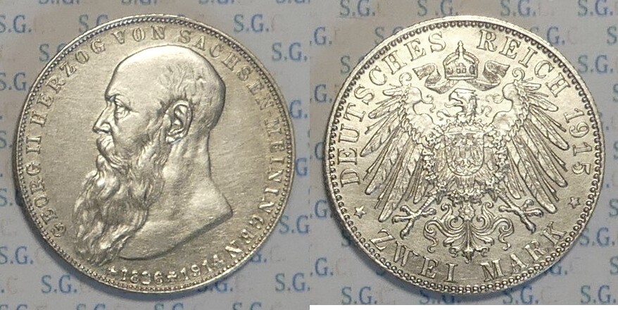 Kaiserreich, Sachsen-Meiningen 2 RM 1915 (D) Herzog Georg II., auf den Tod vz/vz+, leicht ...