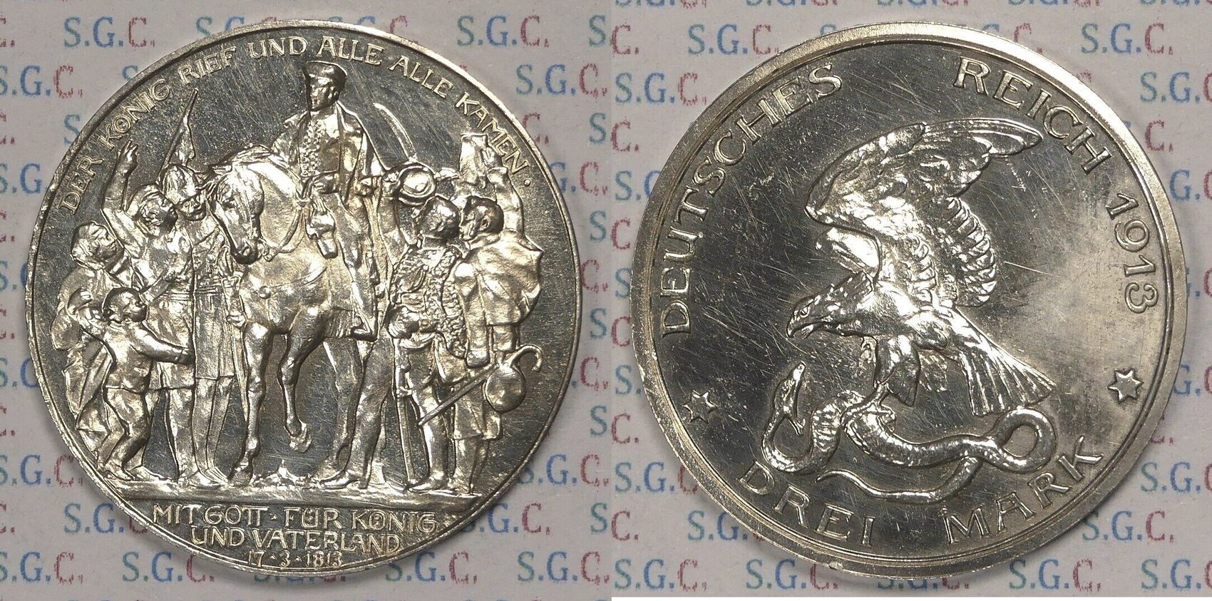 Kaiserreich, Preussen 3 RM 1913 (A) Kaiser Wilhelm II, DER KÖNIG RIEF ...