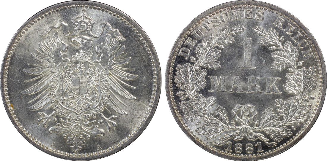 Deutsches Reich 1 RM 1881-A German Empire St.-, PCGS MS 64+, Pracht ...