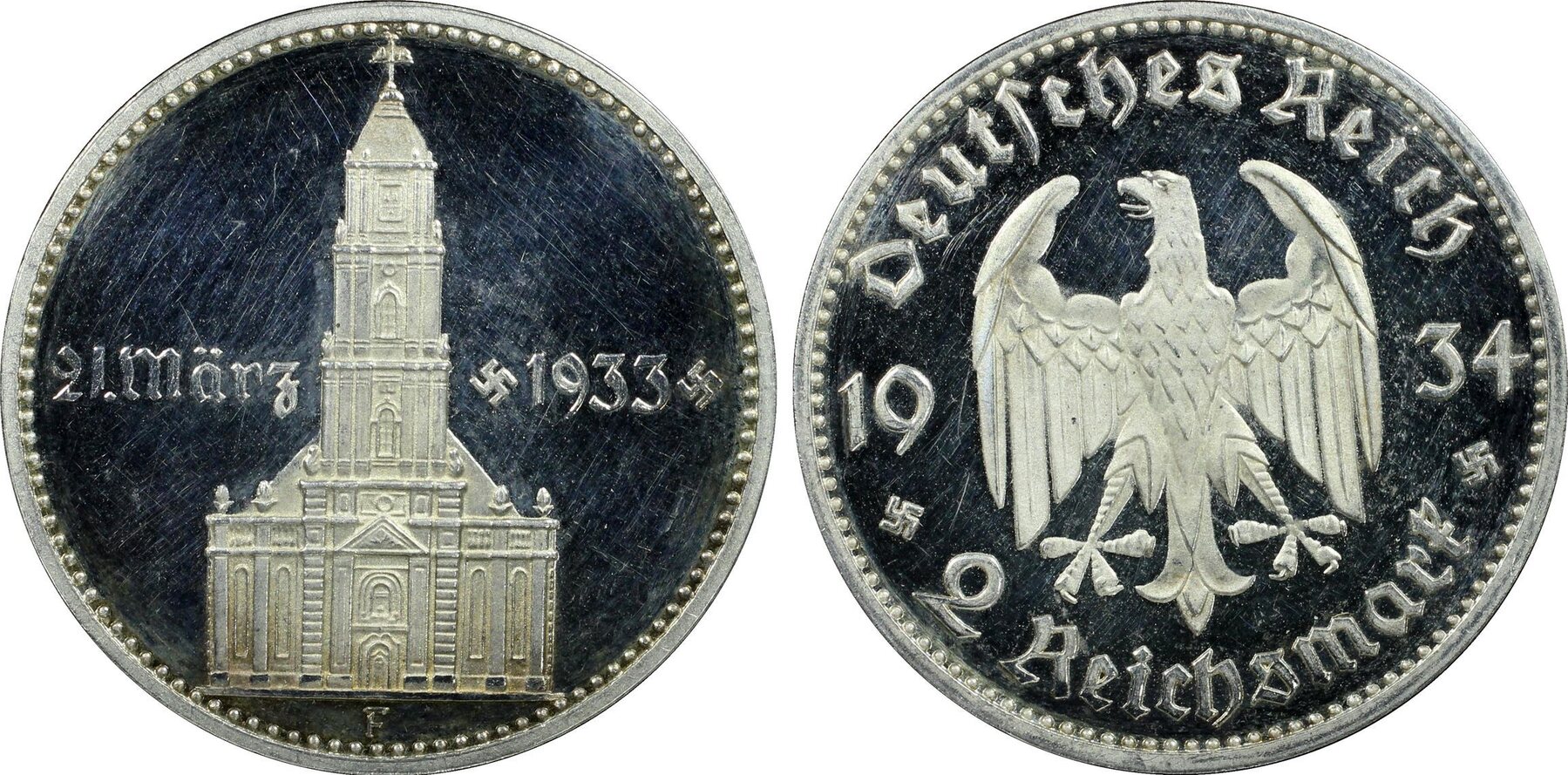 Drittes Reich 2 RM 1934-F Garnisonkirche mit Datum PP, nahezu perfekt ...