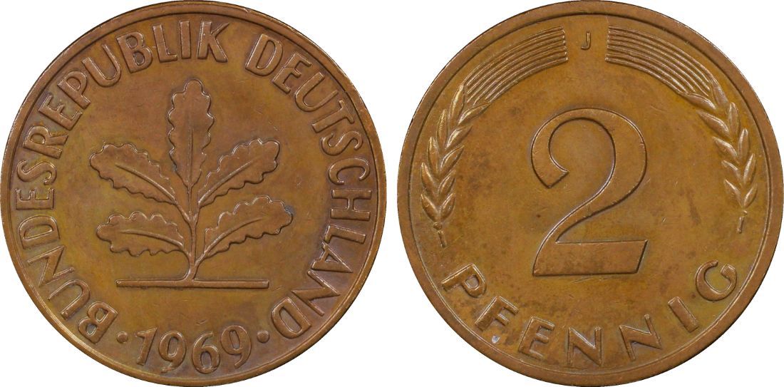 Bundesrepublik 2 Pfennig KUPFER! 1969-J Deutschland vz/St., PCGS MS62BN | MA-Shops