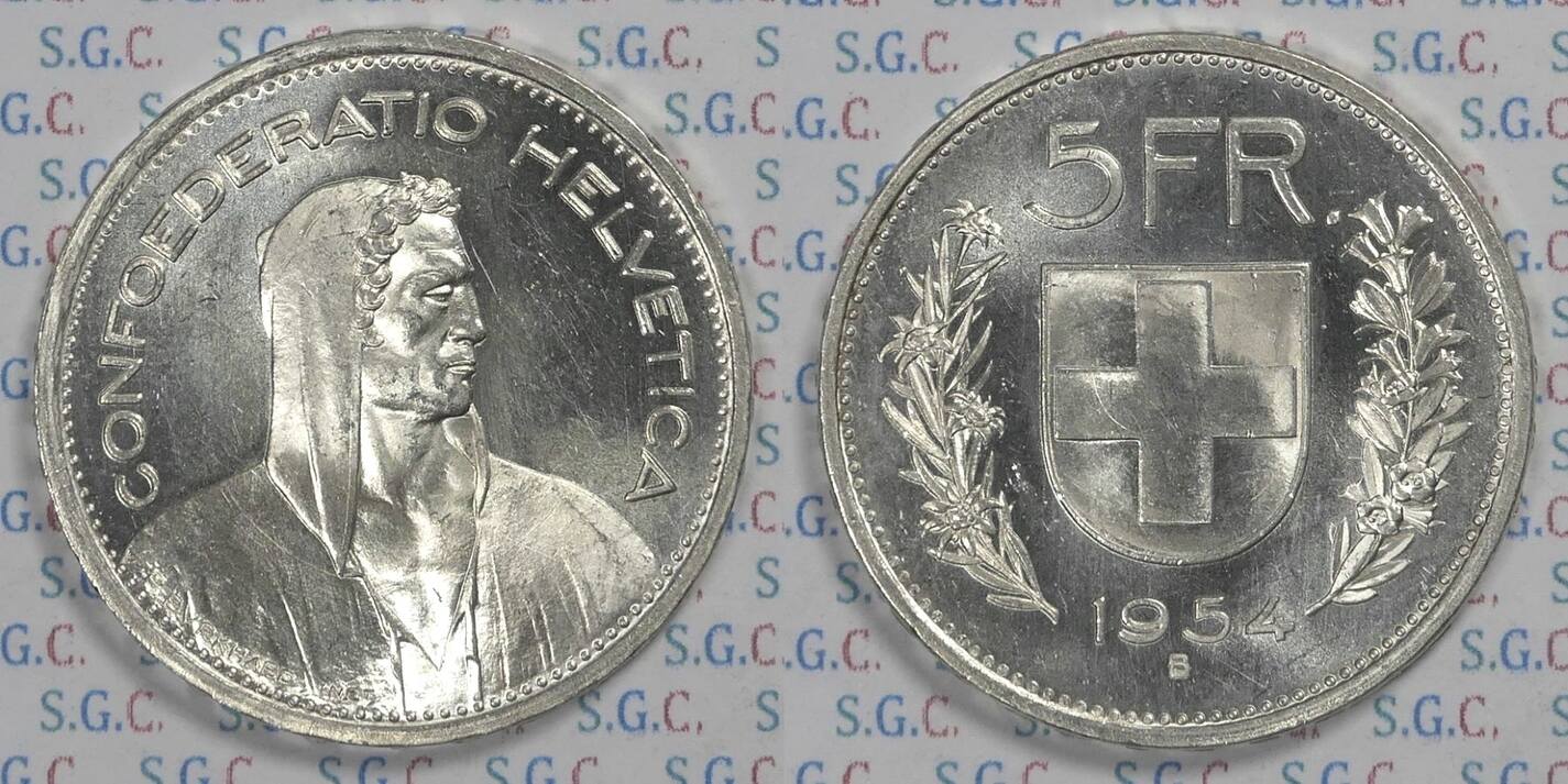 Schweiz 5 Franken 1954-B Alphirt Stgl., winzige Kontakt-Spuren | MA-Shops