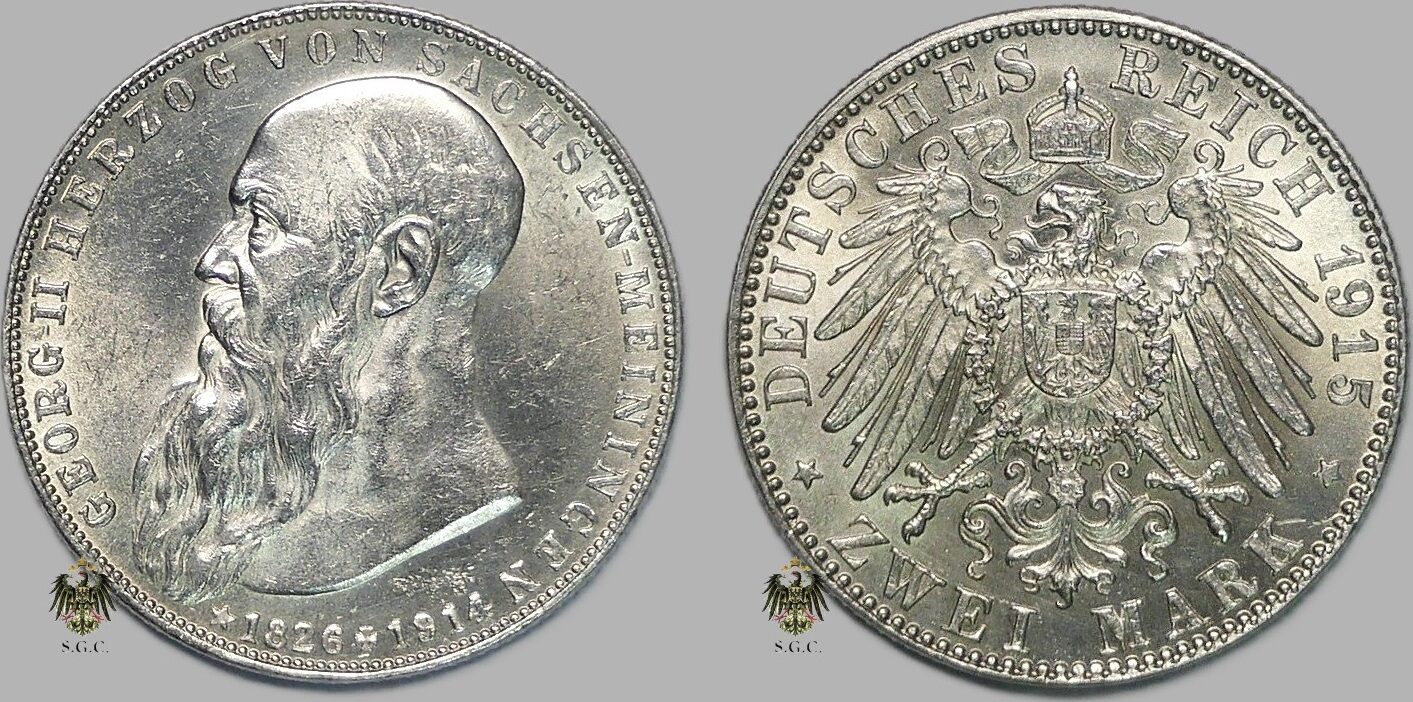 Kaiserreich Sachsen-Meiningen 2 Mark 1915-D Herzog Georg II. (auf seinen Tod) Stgl., winzigste ...