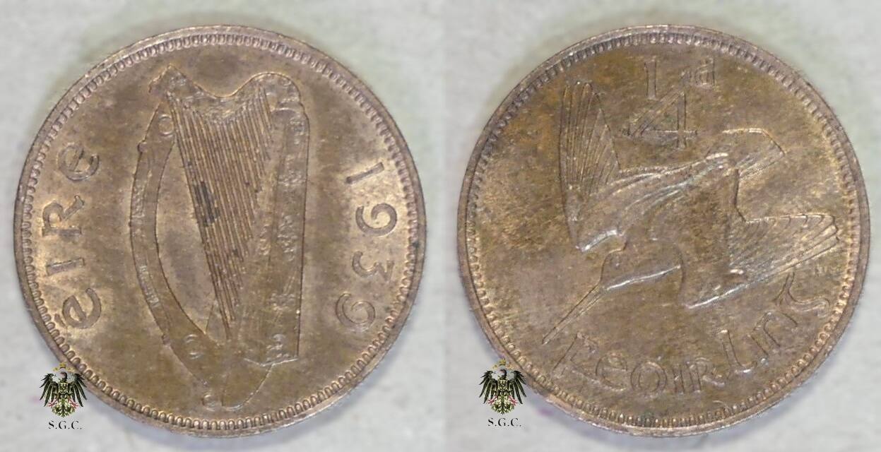 Irland 1/4 Penny (Farthing) 1939 Kursmünze Unzirkuliert mit viele ...