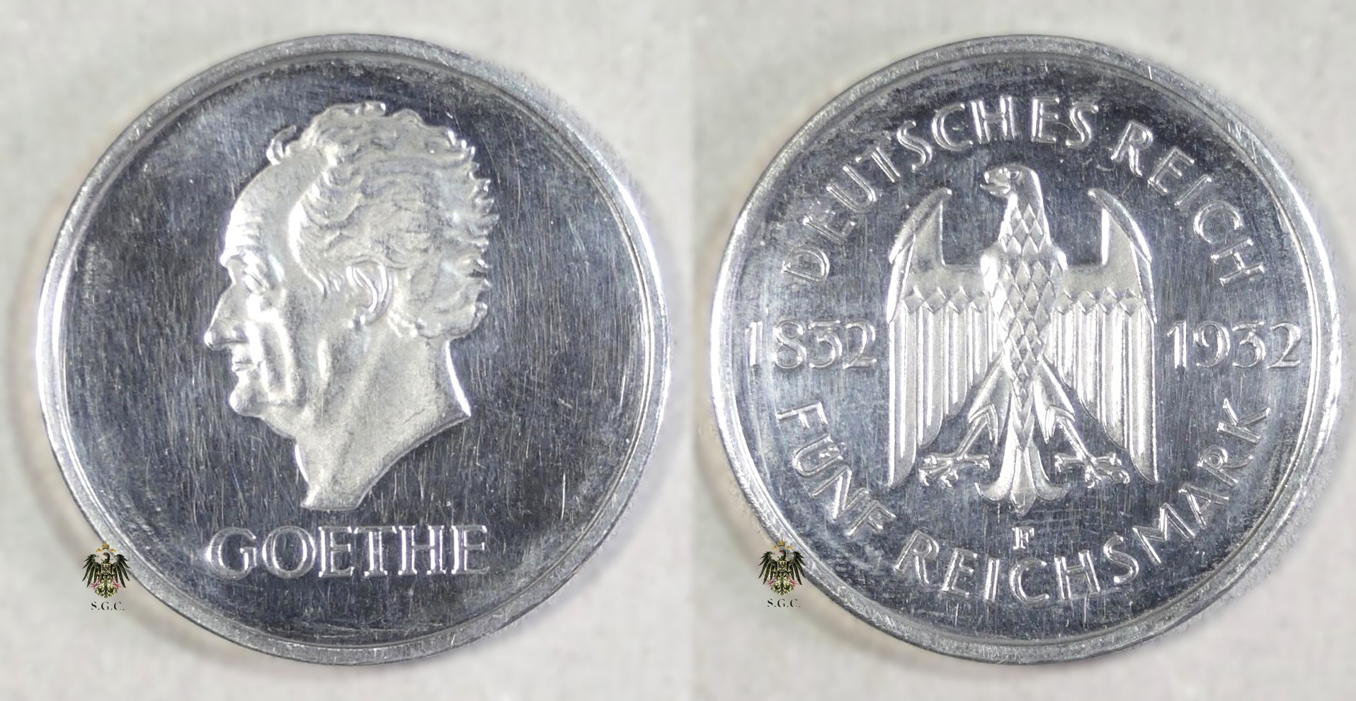Weimarer Republik 5 Mark 1932-F 100. Todestag von Goethe Polierte ...