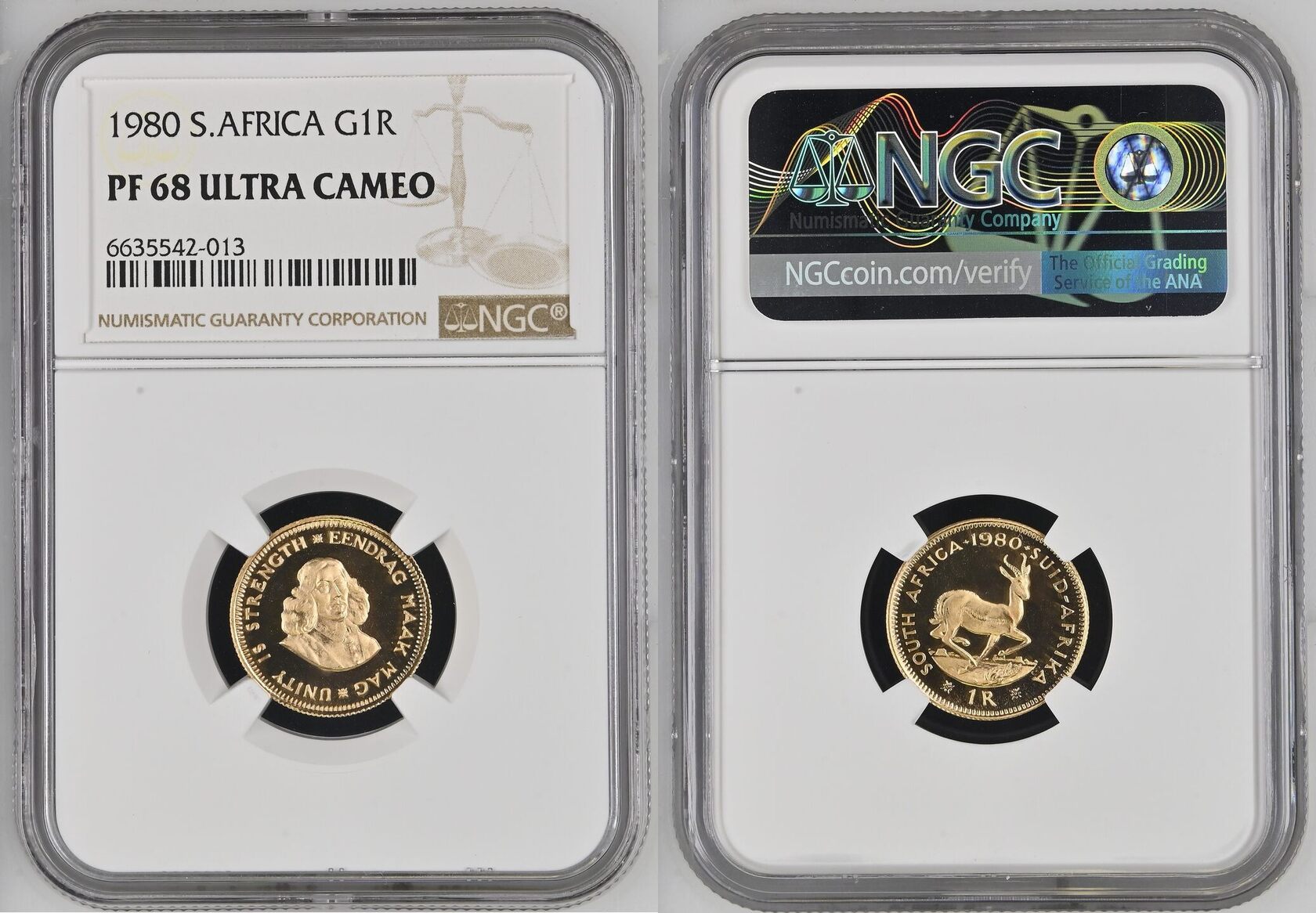 Südafrika 1 Rand Gold 1980 van Riebeeck / Springbock NGC PF 68 ULTRA ...