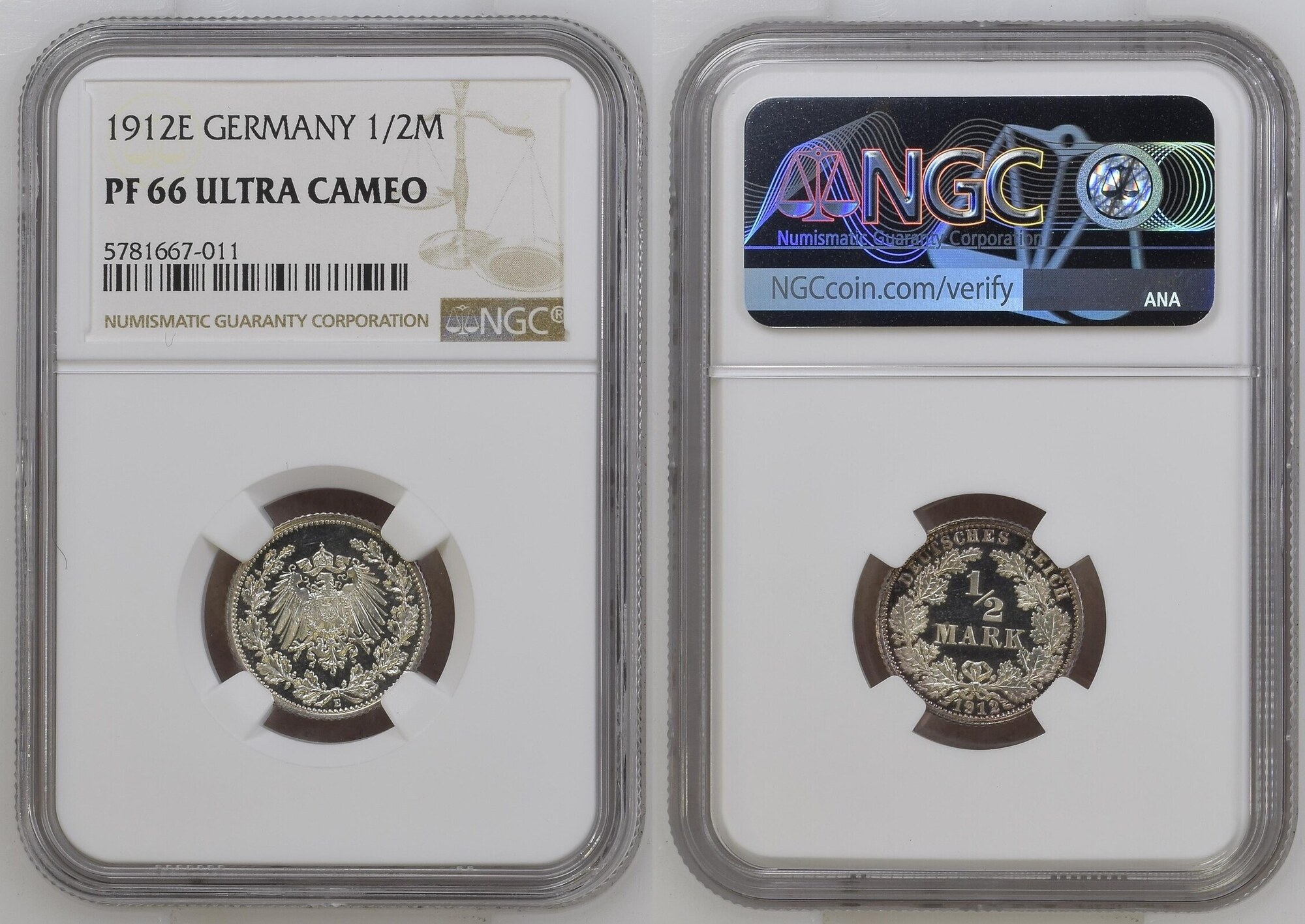 Kaiserreich 1/2 Mark 1912-E Kursmünze Großer Adler Ein SUPER PP! NGC PF ...