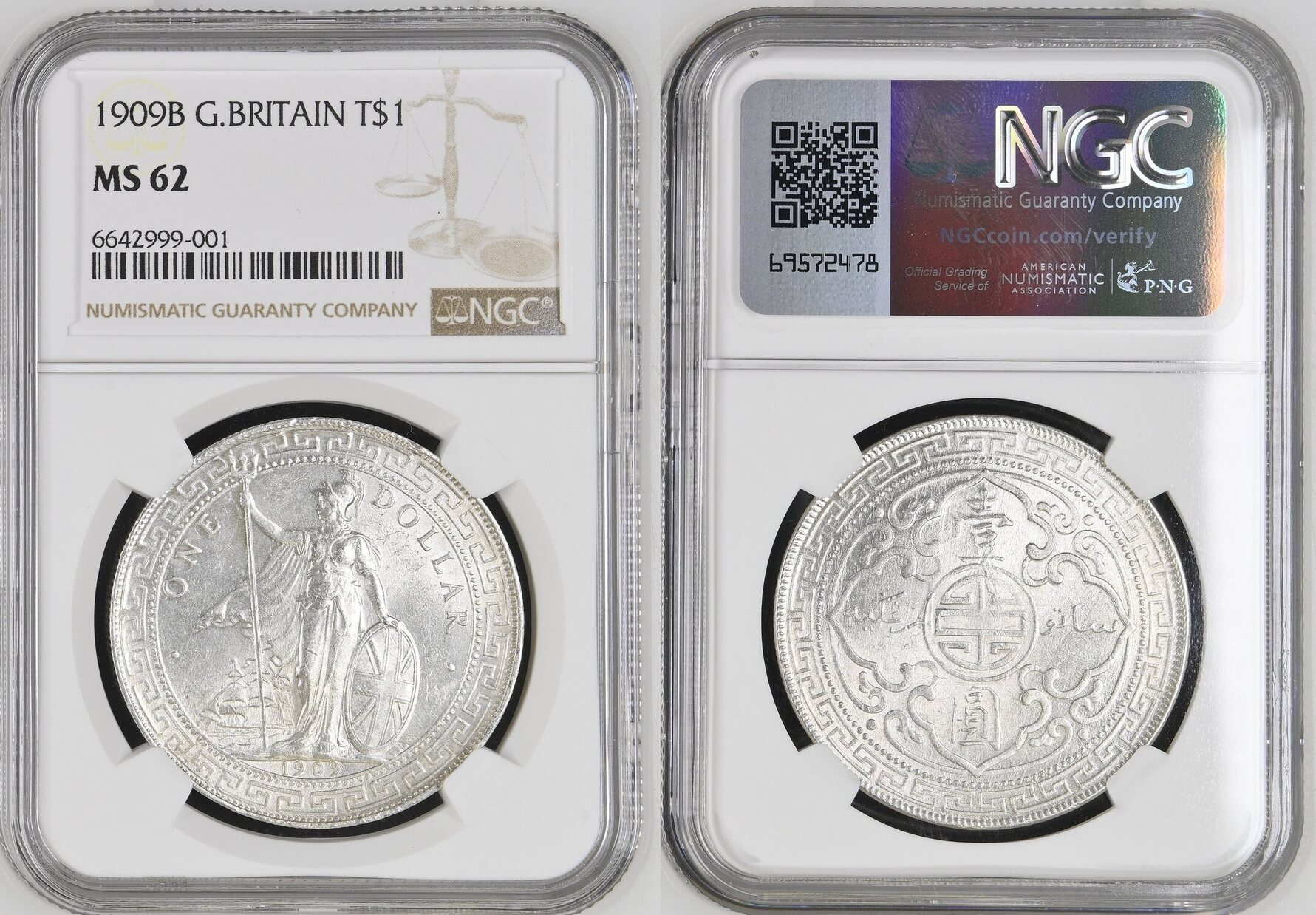 GB- Straits Settlements Trade Dollar 1909-B King Edward VII. Fast Stgl., NGC MS 62 | MA-Shops