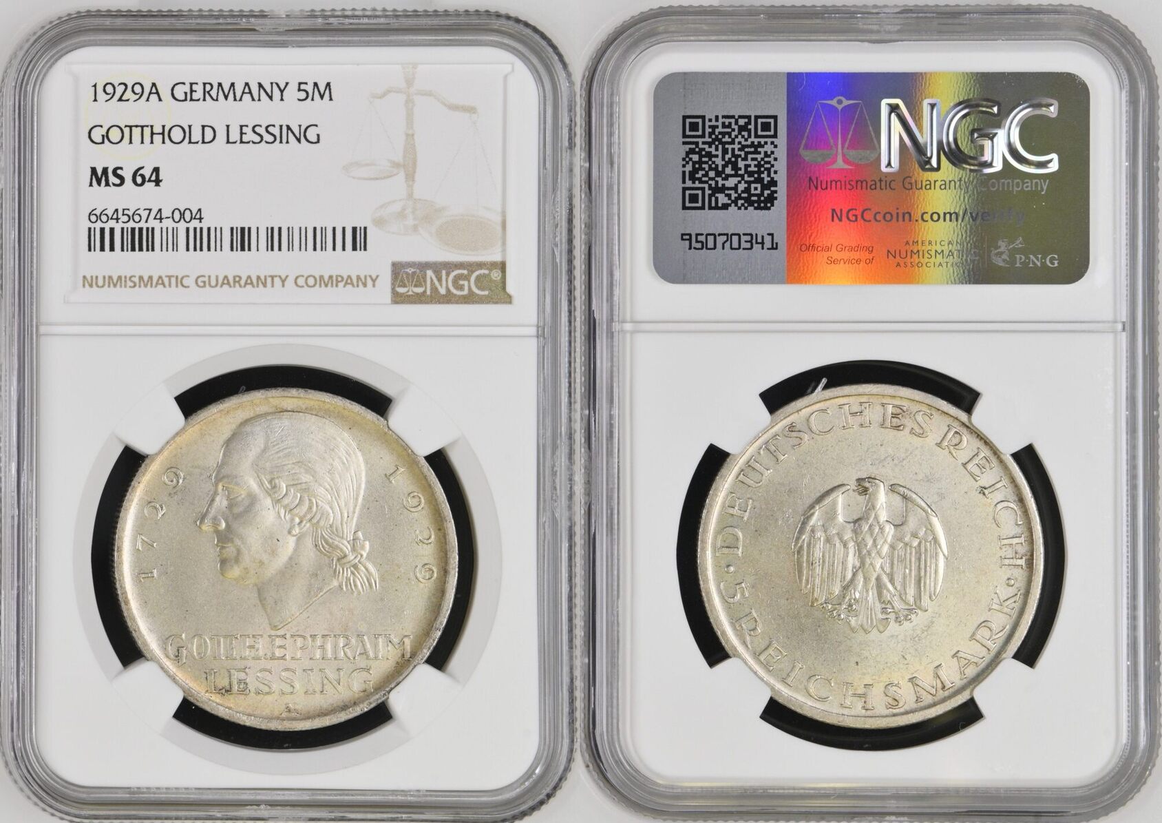 Weimar 5 Mark 1929-A Gotthold Ephraim Lessing Fast Stgl., NGC MS 64 ...