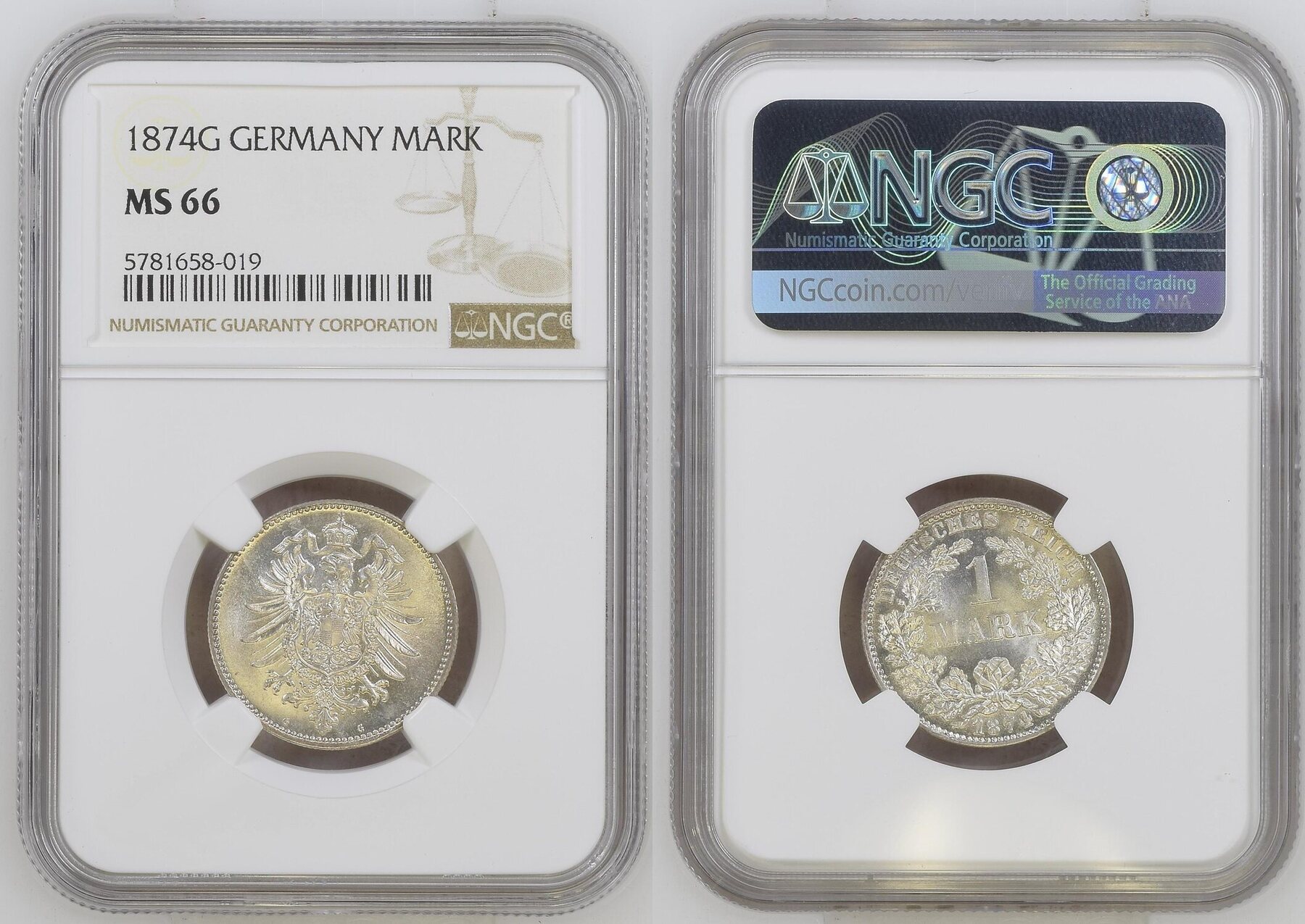 Kaiserreich 1 Mark 1874-G Kursmünze - Klein Adler Stgl. fein, NGC MS 66 ...