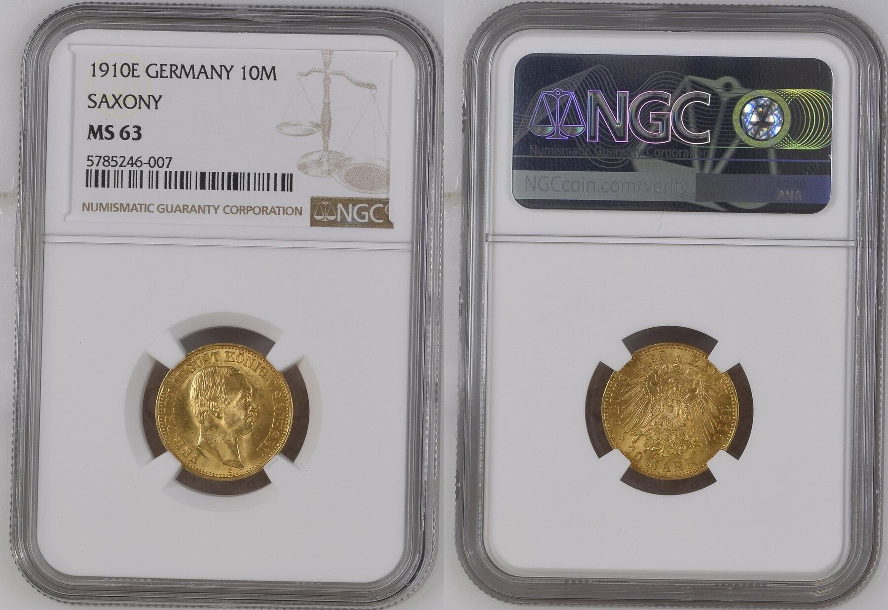 Kaiserreich Sachsen 10 Mark 1910-E Grossherzog Friedrich August III. Fast Stgl. hübsch! NGC MS ...
