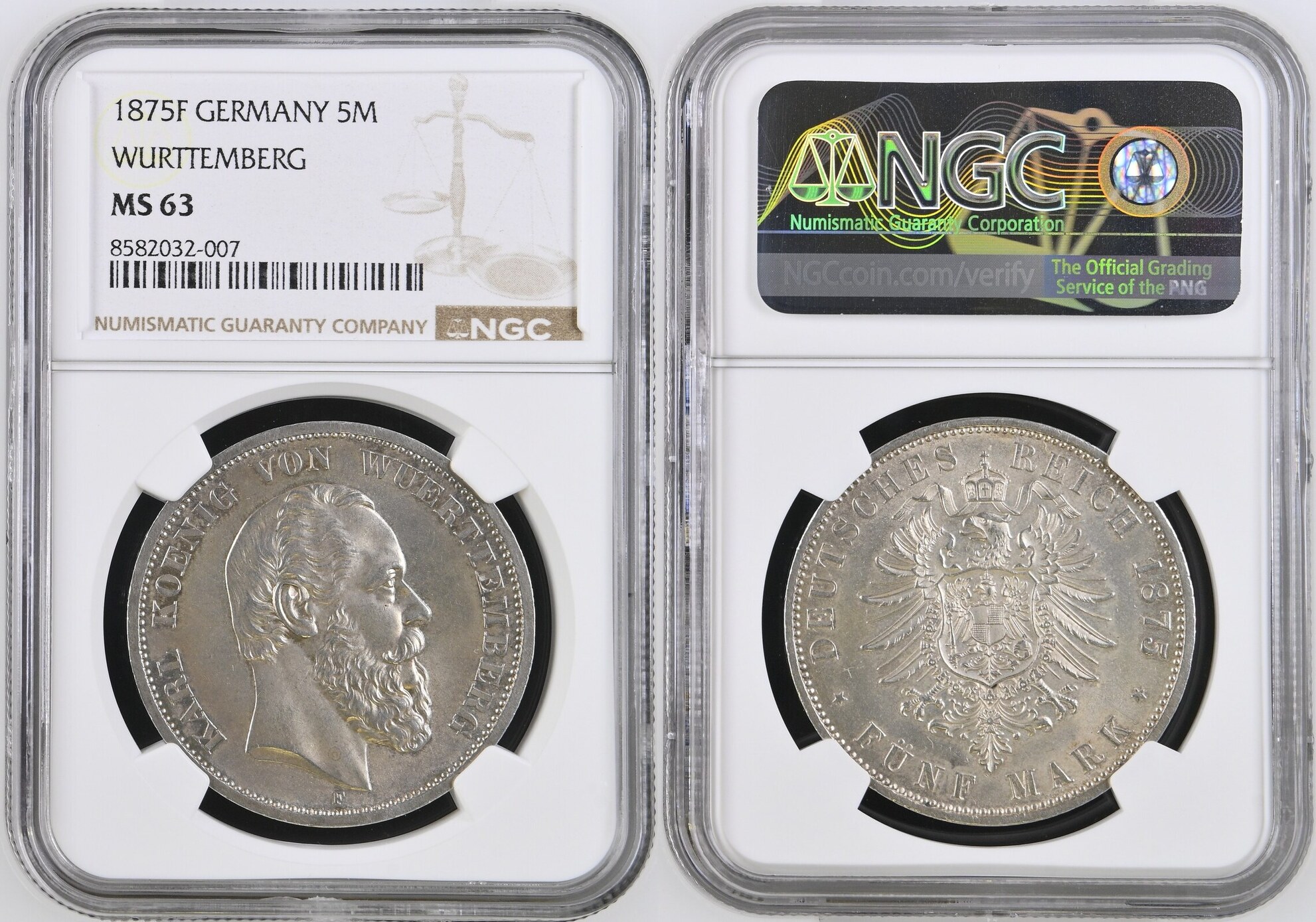 Kaiserreich, Württemberg 5 Mark 1875-F König Karl NGC MS 63 NUR 2 HÖHER ...