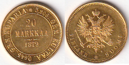 Finnland, 20 Markkaa, 1879, Zar Alexander II.,1855-1881, prägefrisch, | MA-Shops
