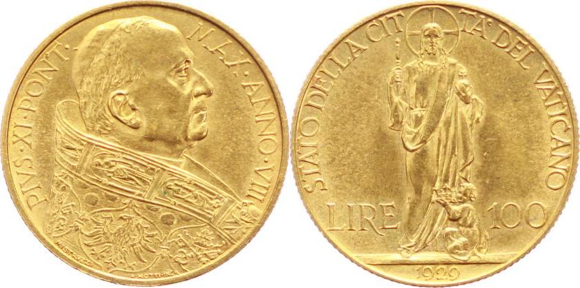Italien-Kirchenstaat 100 Lire Gold 1929 Pio XI. 1922-1939. Stempelglanz | MA-Shops