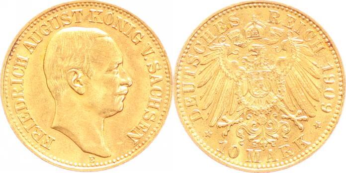 Sachsen 10 Mark Gold 1909 E Friedrich August III. 1904-1918. vorzüglich ...