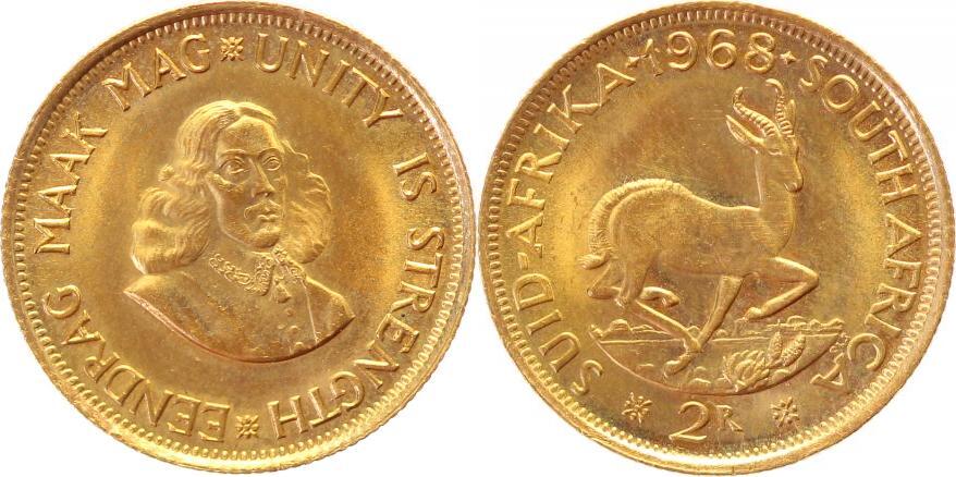 Südafrika 2 Rand Gold 1968 Republik seit 1960. vorzüglich-Stempelglanz ...