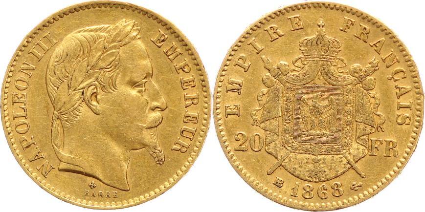 Frankreich 20 Francs Gold 1868 BB Napoleon III. 1852-1870. sehr schön+ | MA-Shops