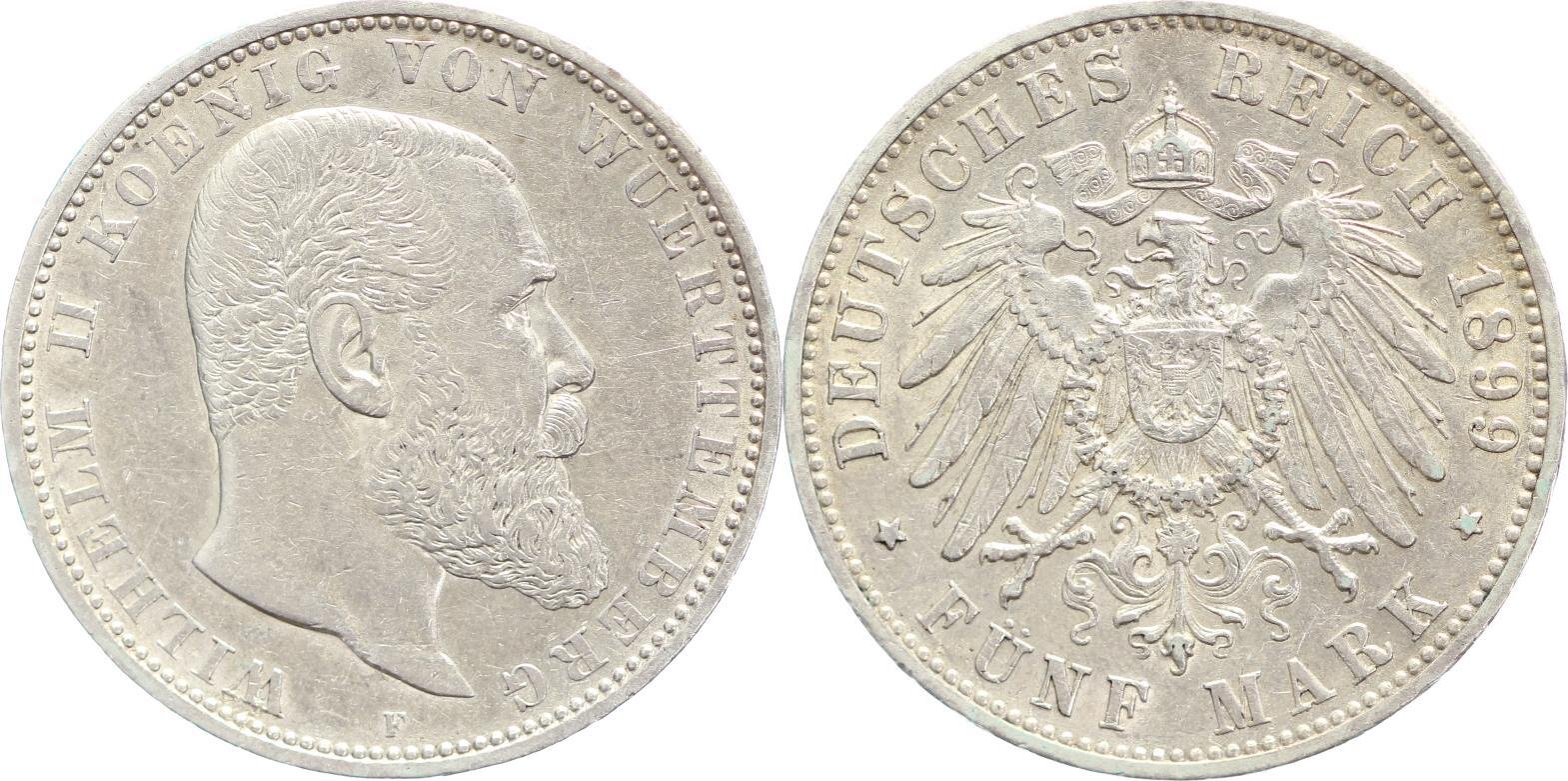 Württemberg 5 Mark 1899 F Wilhelm II. 1891-1918. seltenes Jahr, gutes ...