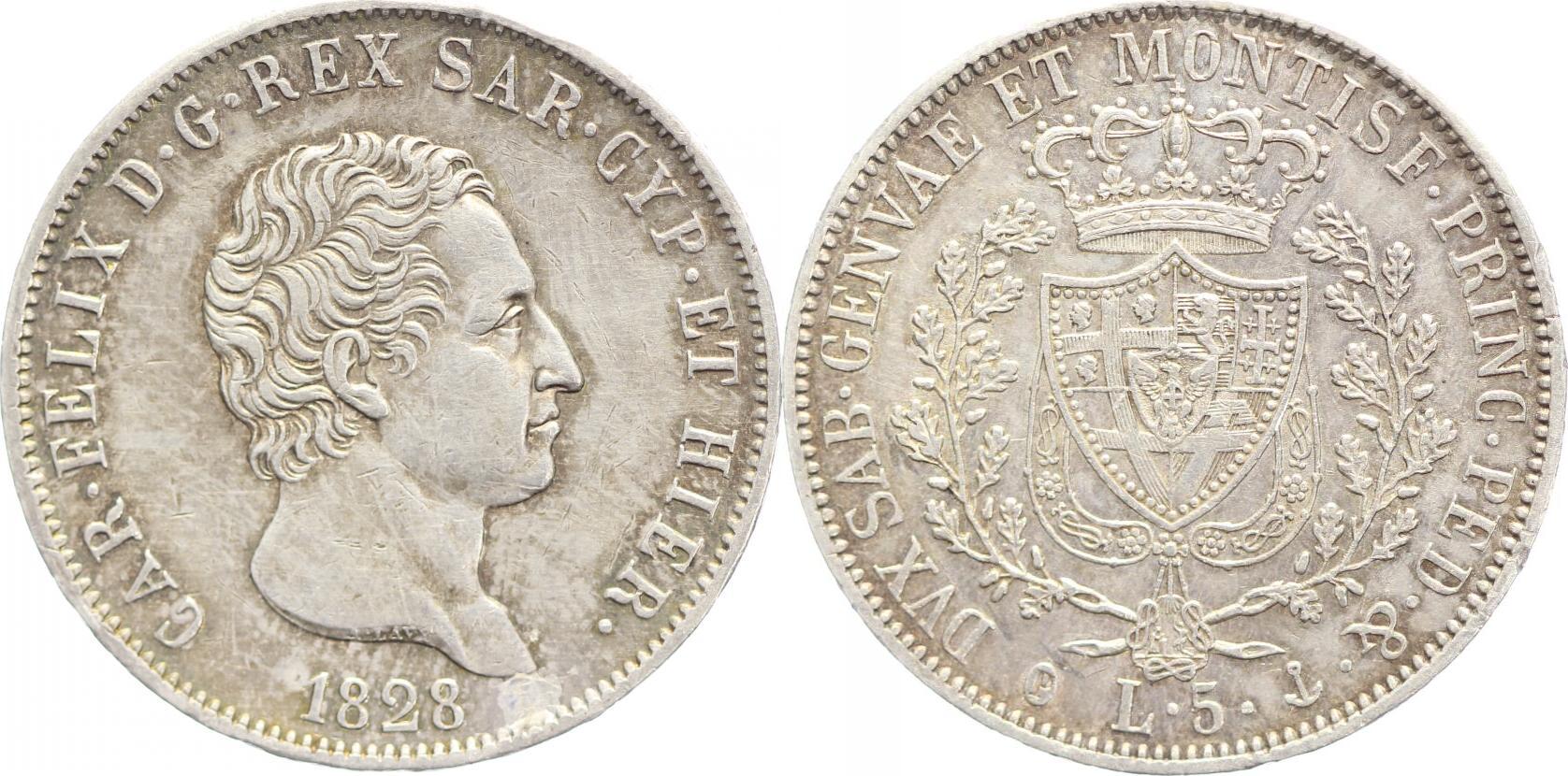 Italien-Sardinien 5 Lire 1828 P Carlo Felice 1821-1831. Patina, vorzüglich | MA-Shops