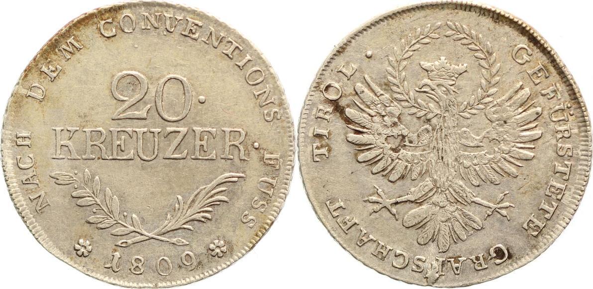 Haus Habsburg 20 Kreuzer 1809 Franz II.(I.) 1792-1835. Stempelfehler, vorzüglich | MA-Shops