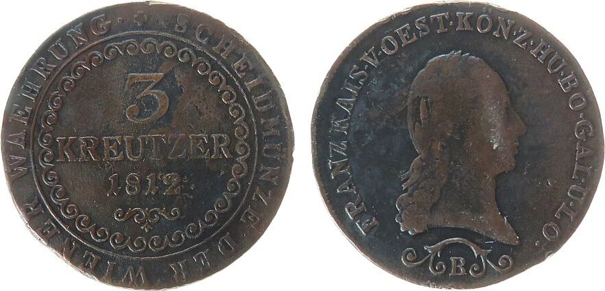 Österreich 3 Kreuzer 1812 Ku Franz II. (I.), 1792-1835, B (Kremnitz) fast ss | MA-Shops