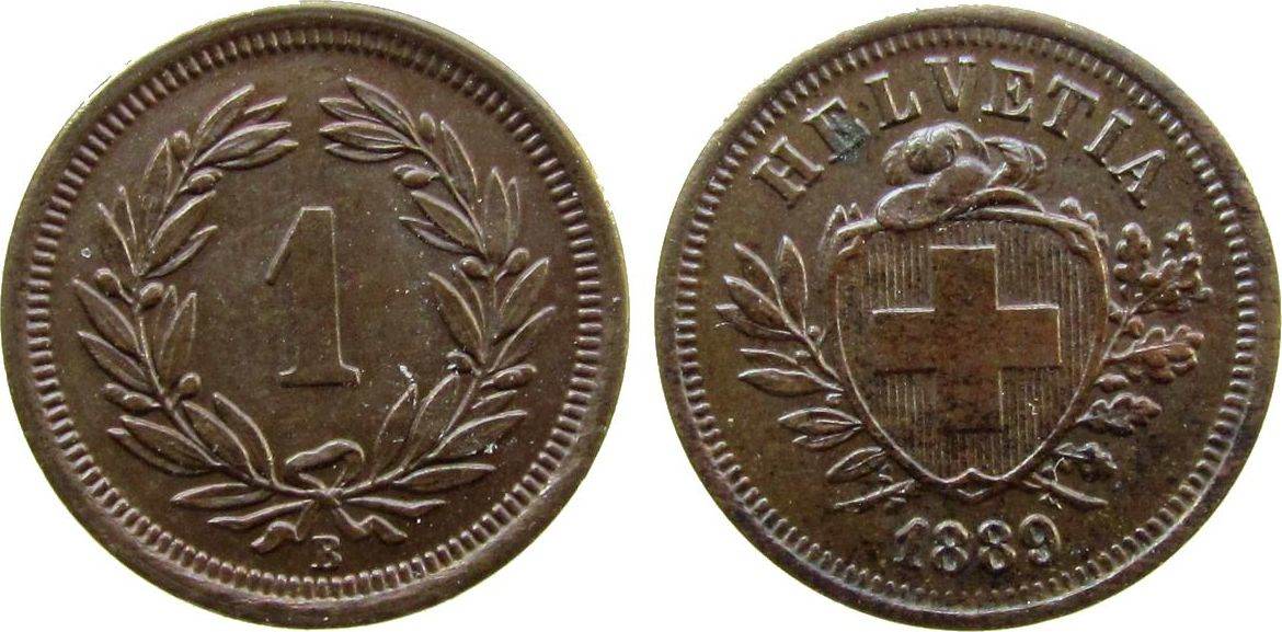 Schweiz 1 Rappen 1889 Br HMZ 1215, selten, kleiner Fleck unz | MA-Shops
