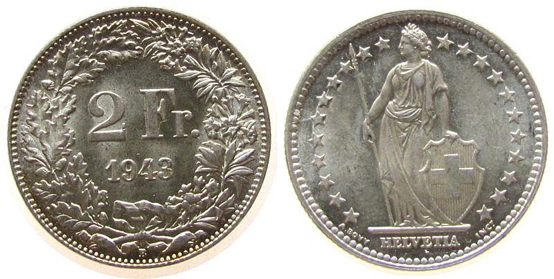 Schweiz 2 Franken 1943 Ag HMZ 1202 stgl- | MA-Shops