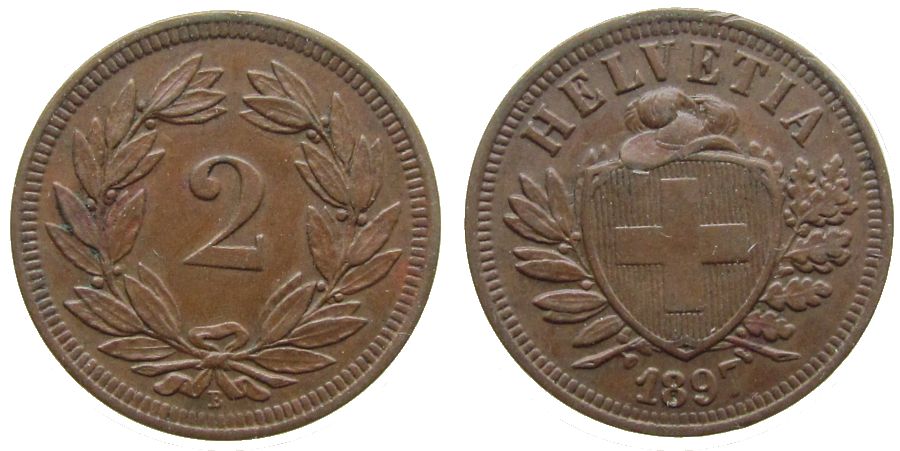 Schweiz 2 Rappen 1897 Br HMZ 1213, winzige Randfehler vz | MA-Shops