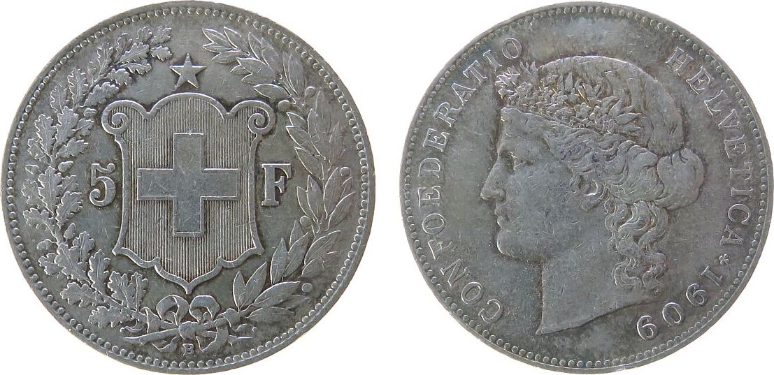 Schweiz 5 Franken 1909 Ag etwas Patina, B ss | MA-Shops