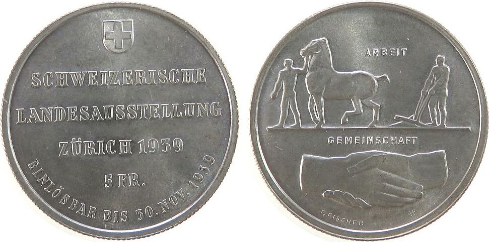 Schweiz 5 Franken 1939 Ag Landesausstellung in Zürich fast stgl | MA-Shops