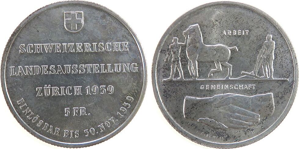 Schweiz 5 Franken 1939 Ag Landesausstellung in Zürich fast stgl | MA-Shops