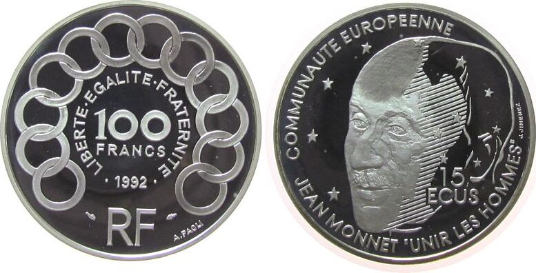 Frankreich 100 Francs/15 Ecu 1992 Ag Jean Monet pp | MA-Shops
