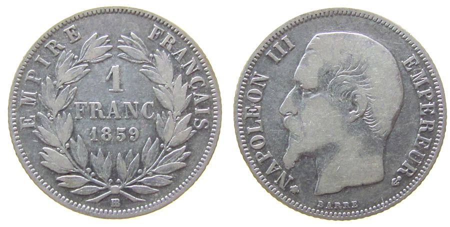 Frankreich 1 Franc 1859 Ag Napoleon III, BB (Strasbourg) gutes schön ...