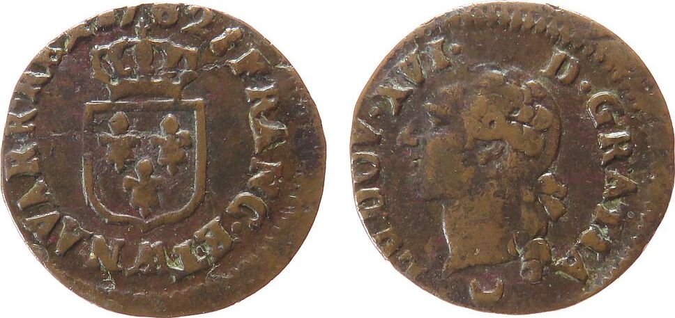 Frankreich Liard 1782 Ku Louis XVI, AA (Metz), dezentrierte Prägung ss ...