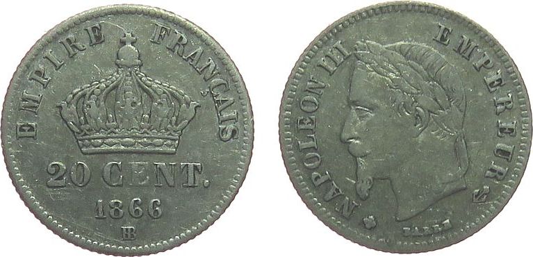Frankreich 20 Centimes 1866 Ag Napoleon III, BB (Strasbourg) s+ | MA-Shops