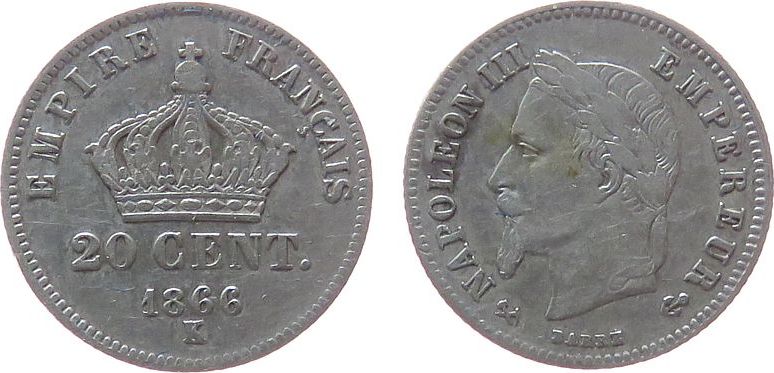 Frankreich 20 Centimes 1866 Ag Napoleon III, K (Bordeaux) ss | MA-Shops
