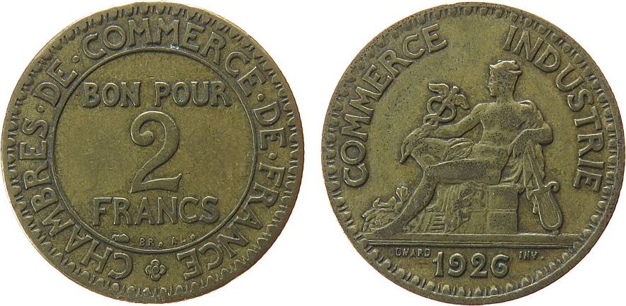 Frankreich 2 Francs 1926 AlBr Chambre de Commerce, seltener, Gad.533 ss ...