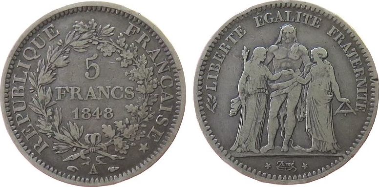 Frankreich 5 Francs 1848 Ag Herkulesgruppe, A (Paris) ss | MA-Shops