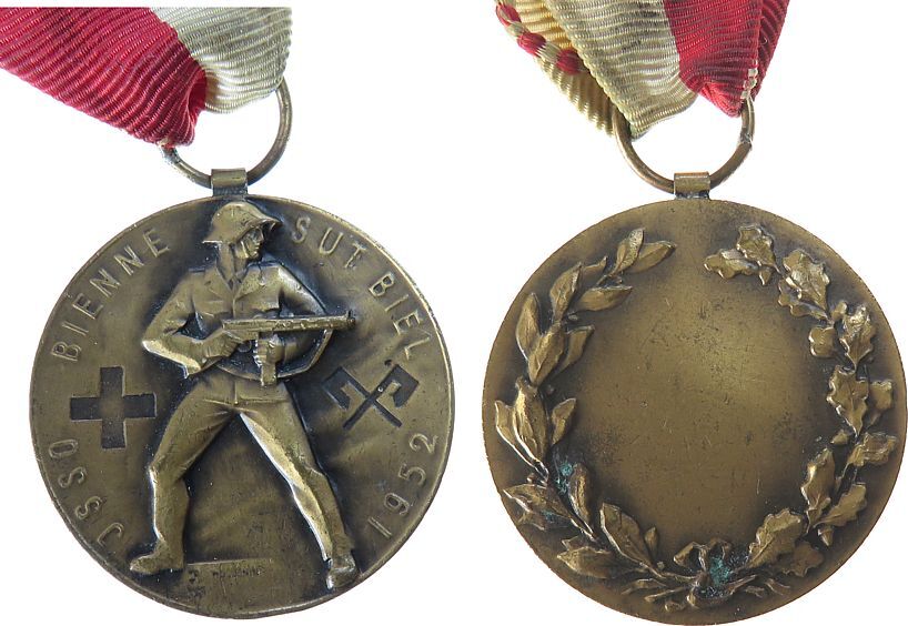 Schweiz tragbare Medaille 1952 Bronze Biel (Bienne) - JSSO Bienne SUT Biel, Soldat mit ...