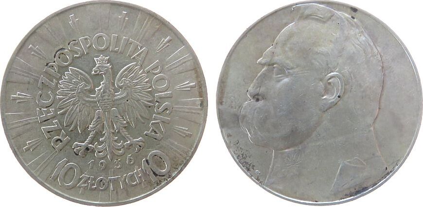 Polen 10 Zlotych 1936 Ag Pilsudski, etwas fleckig ss | MA-Shops