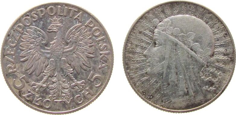 Polen 5 Zlotych 1933 Ag Jadwiga, mit Mzz, Parch. 116 vz | MA-Shops