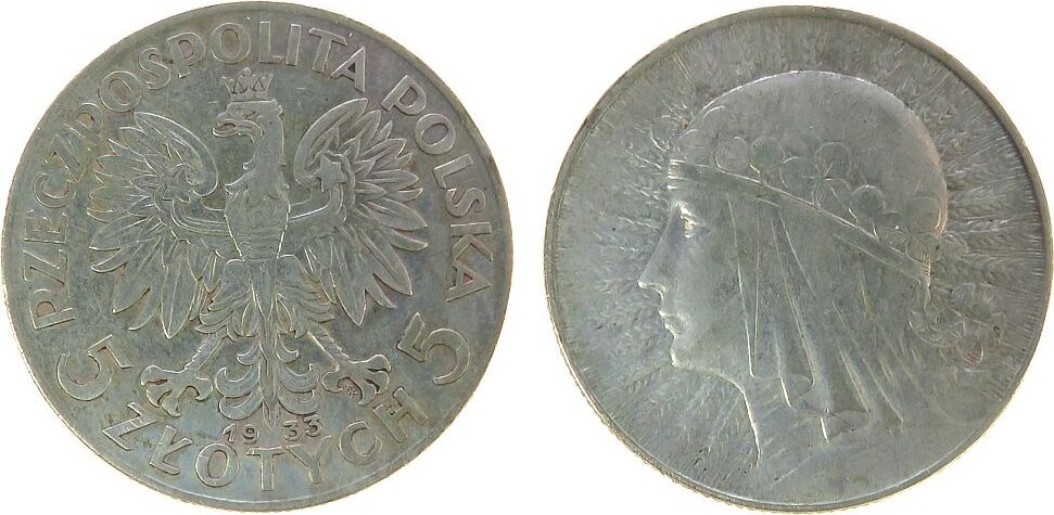 Polen 5 Zlotych 1933 Ag Jadwiga, mit Mzz, Parch. 116 ss | MA-Shops