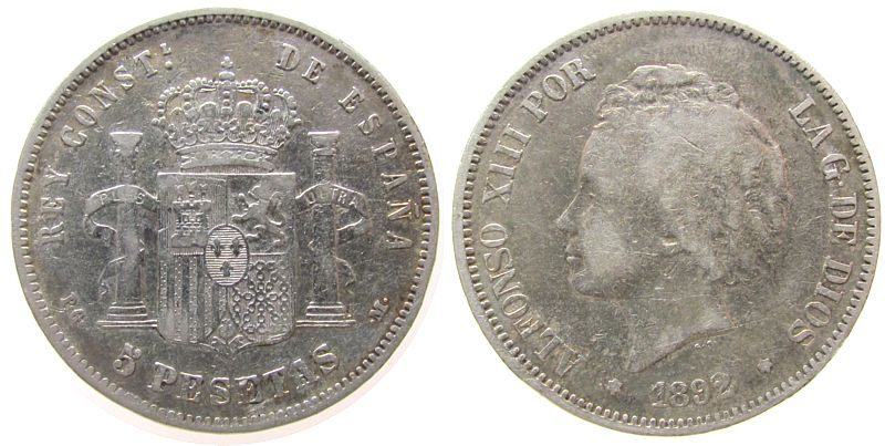 Spanien 5 Pesetas 1892 Ag Alfonso XIII, PG-M fast ss | MA-Shops