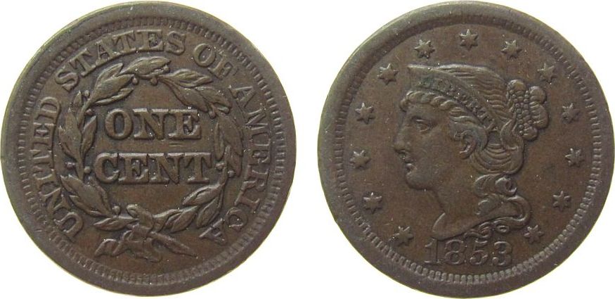 USA 1 Cent 1853 Br Braided Hair ss | MA-Shops