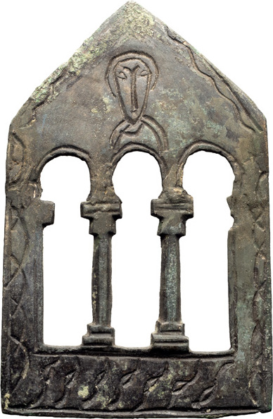 ca. 10.-12. Jahrhundert n. Chr. Byzantine Bronze Temple Applique with ...