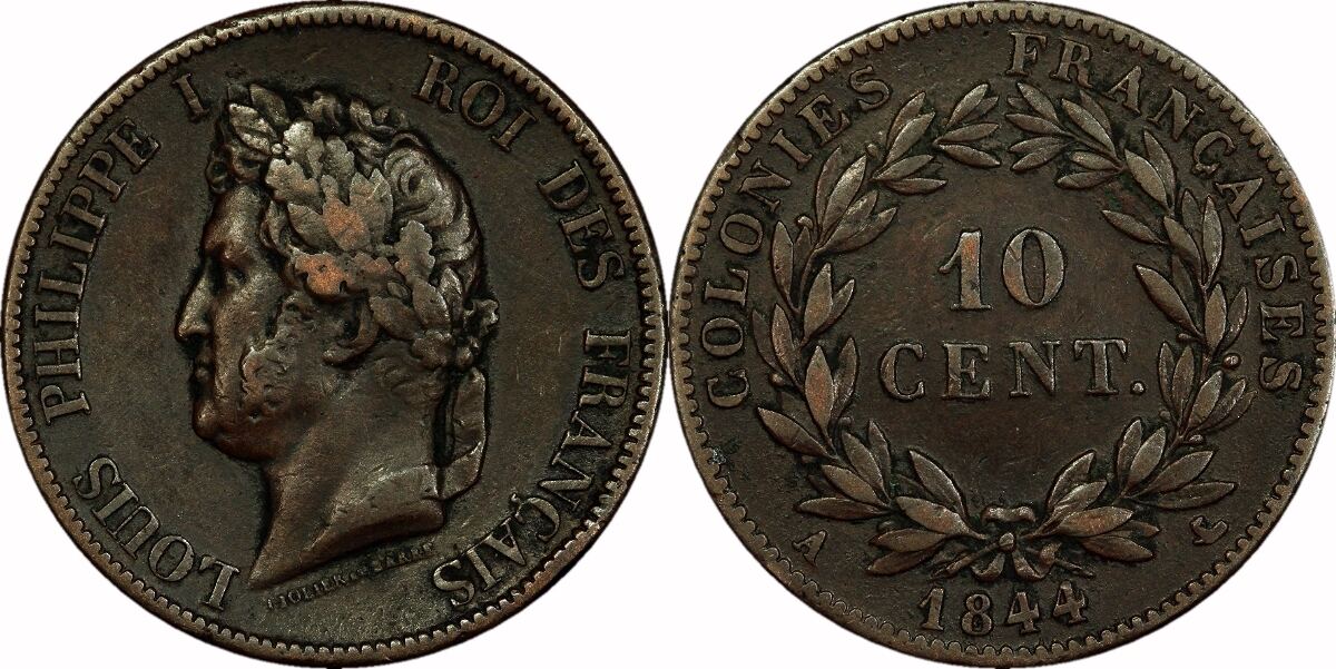 France, French Colonies, 1844, 10 Centimes, VF | MA-Shops