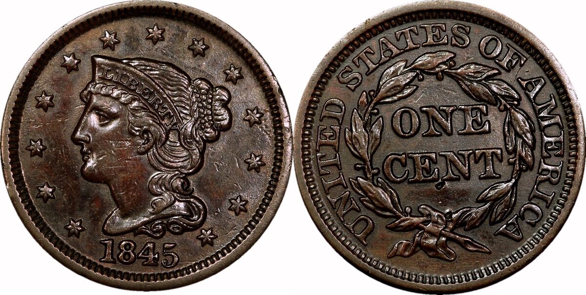 USA Braided Hair Large Cent, 1845, 1¢, AU53 BN | MA-Shops